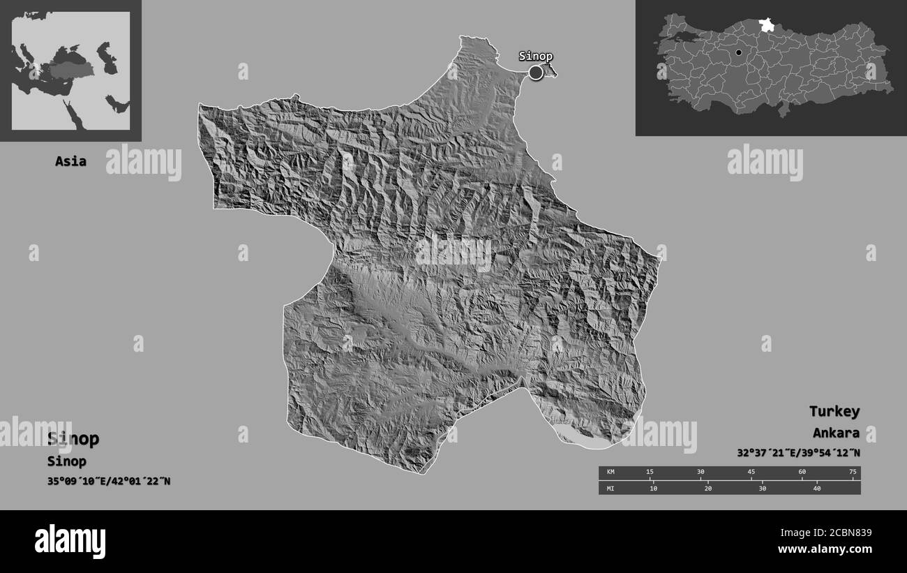 Shape of Sinop, province of Turkey, and its capital. Distance scale ...