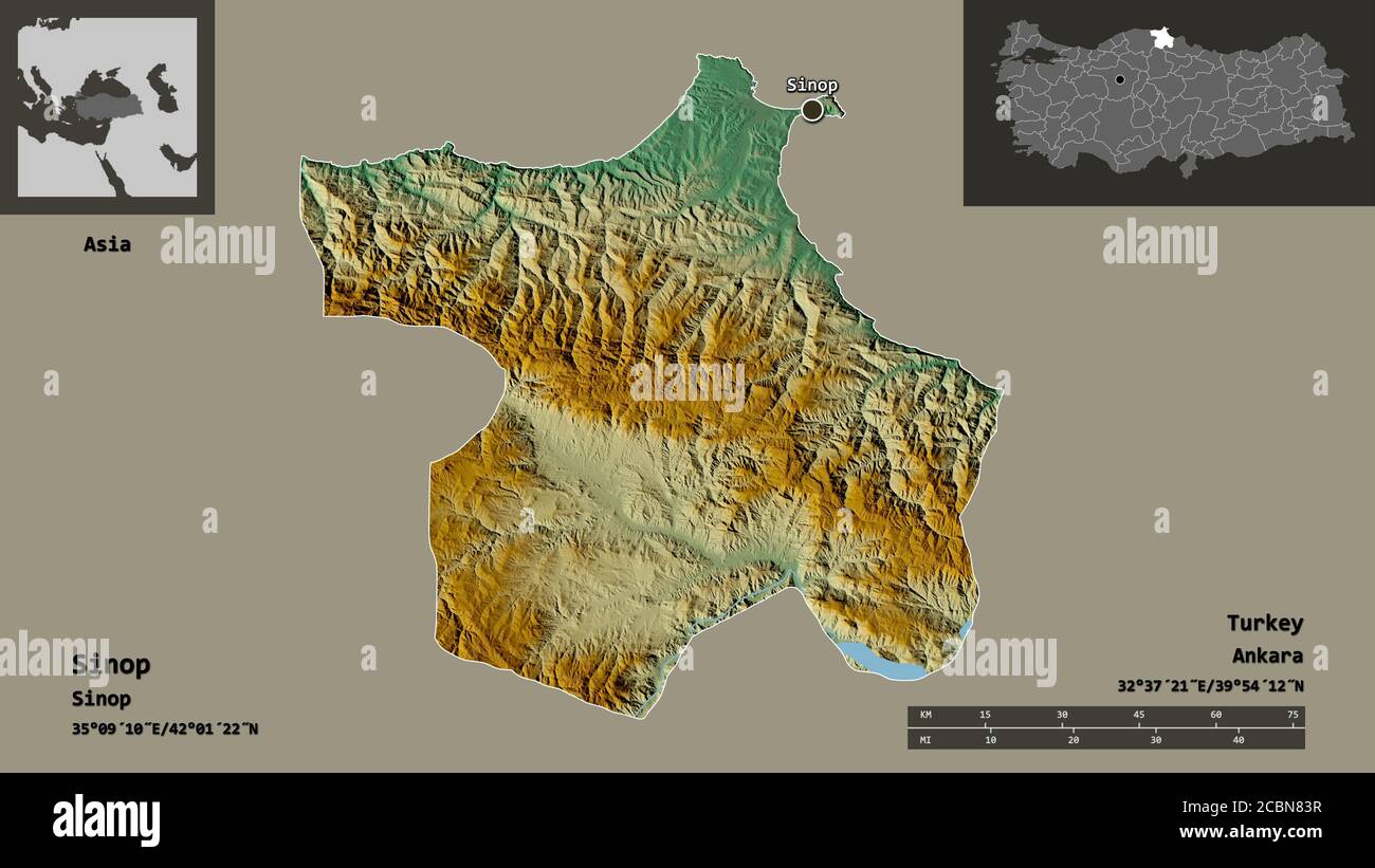 Shape of Sinop, province of Turkey, and its capital. Distance scale, previews and labels ...