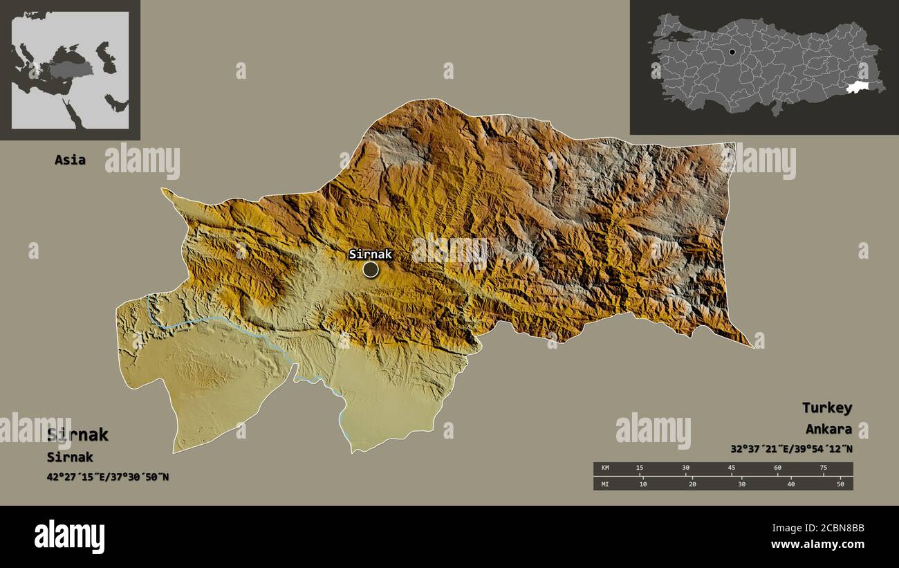 Shape of Sirnak, province of Turkey, and its capital. Distance scale ...