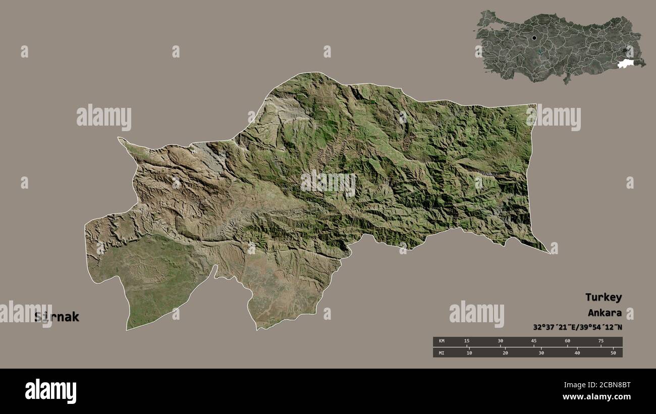 Shape of Sirnak, province of Turkey, with its capital isolated on solid ...
