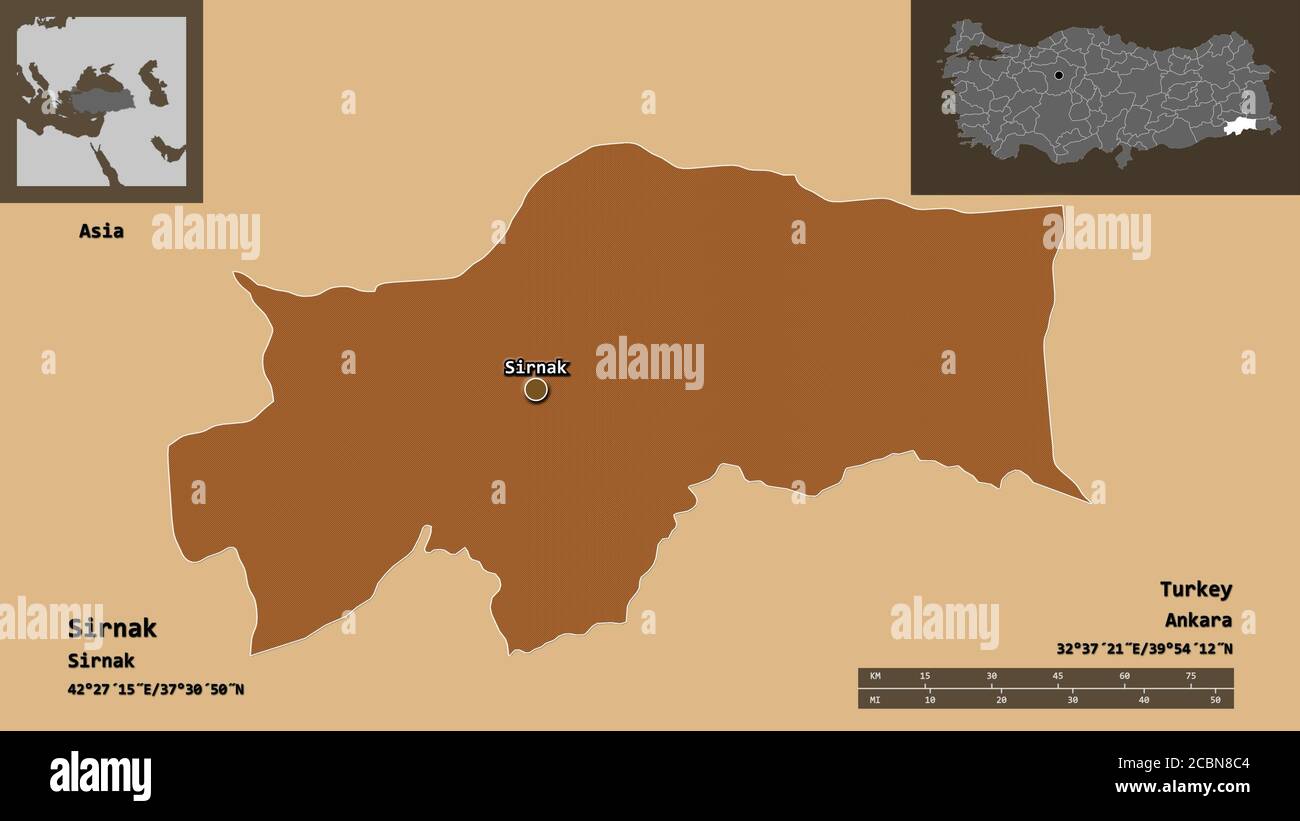 Shape of Sirnak, province of Turkey, and its capital. Distance scale ...