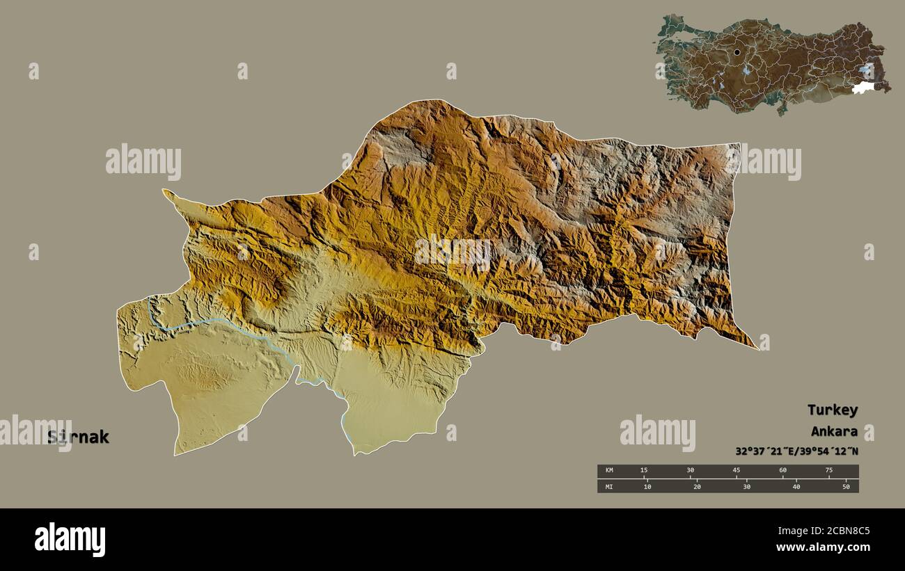 Shape of Sirnak, province of Turkey, with its capital isolated on solid ...