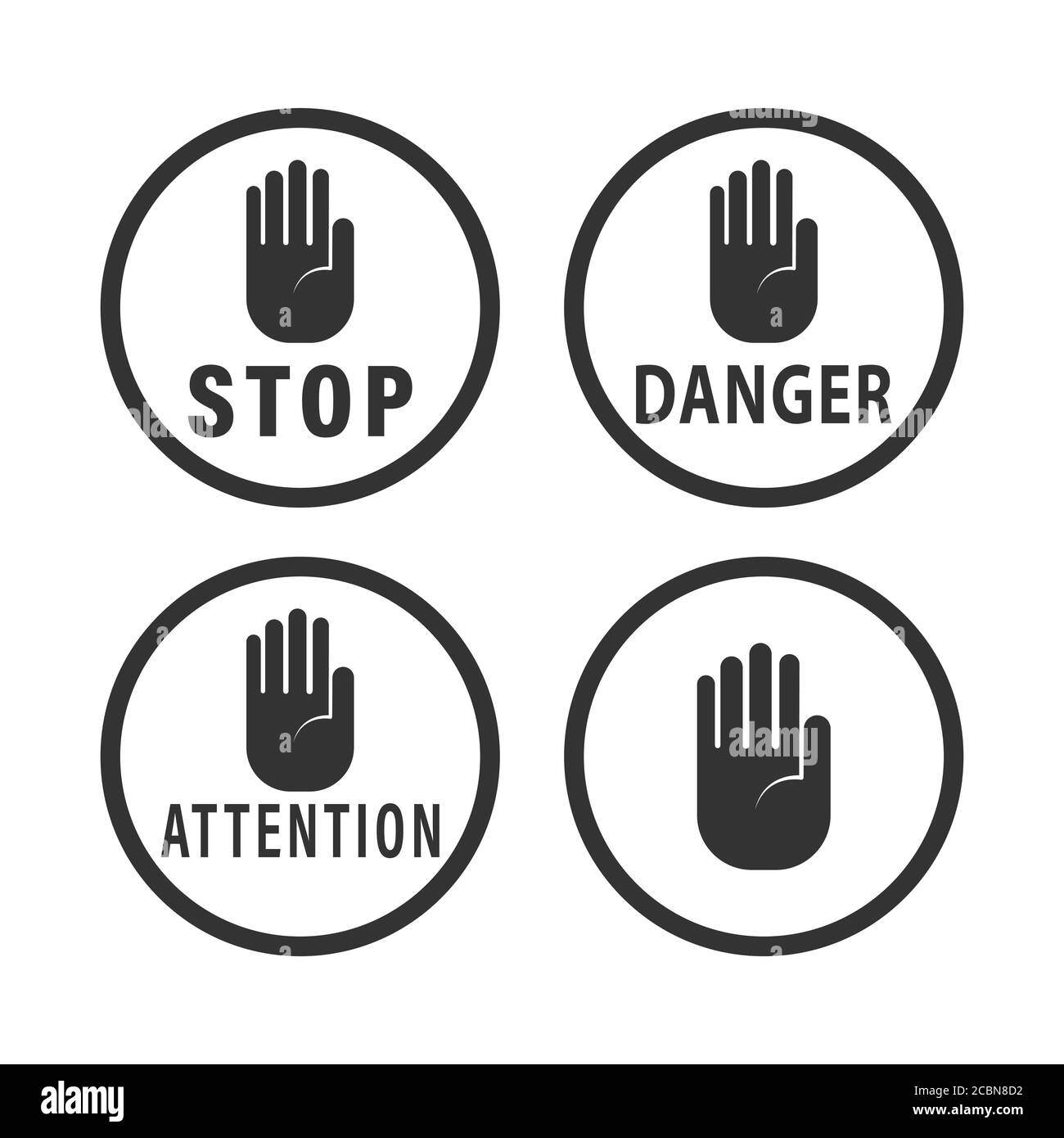 set of circular warning signs with a raised open palm and inscriptions ...