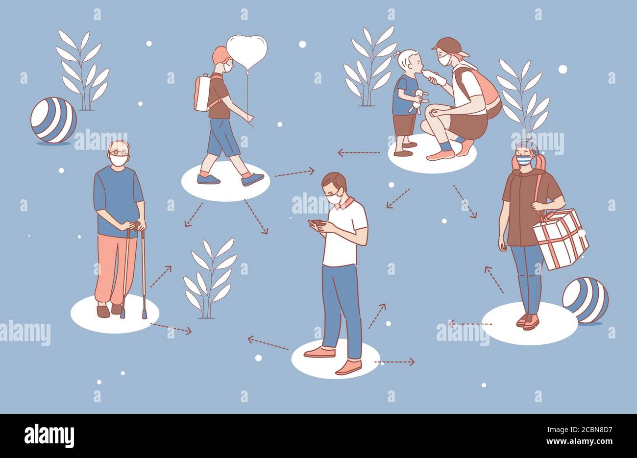 People maintain social distance on public vector cartoon outline ...