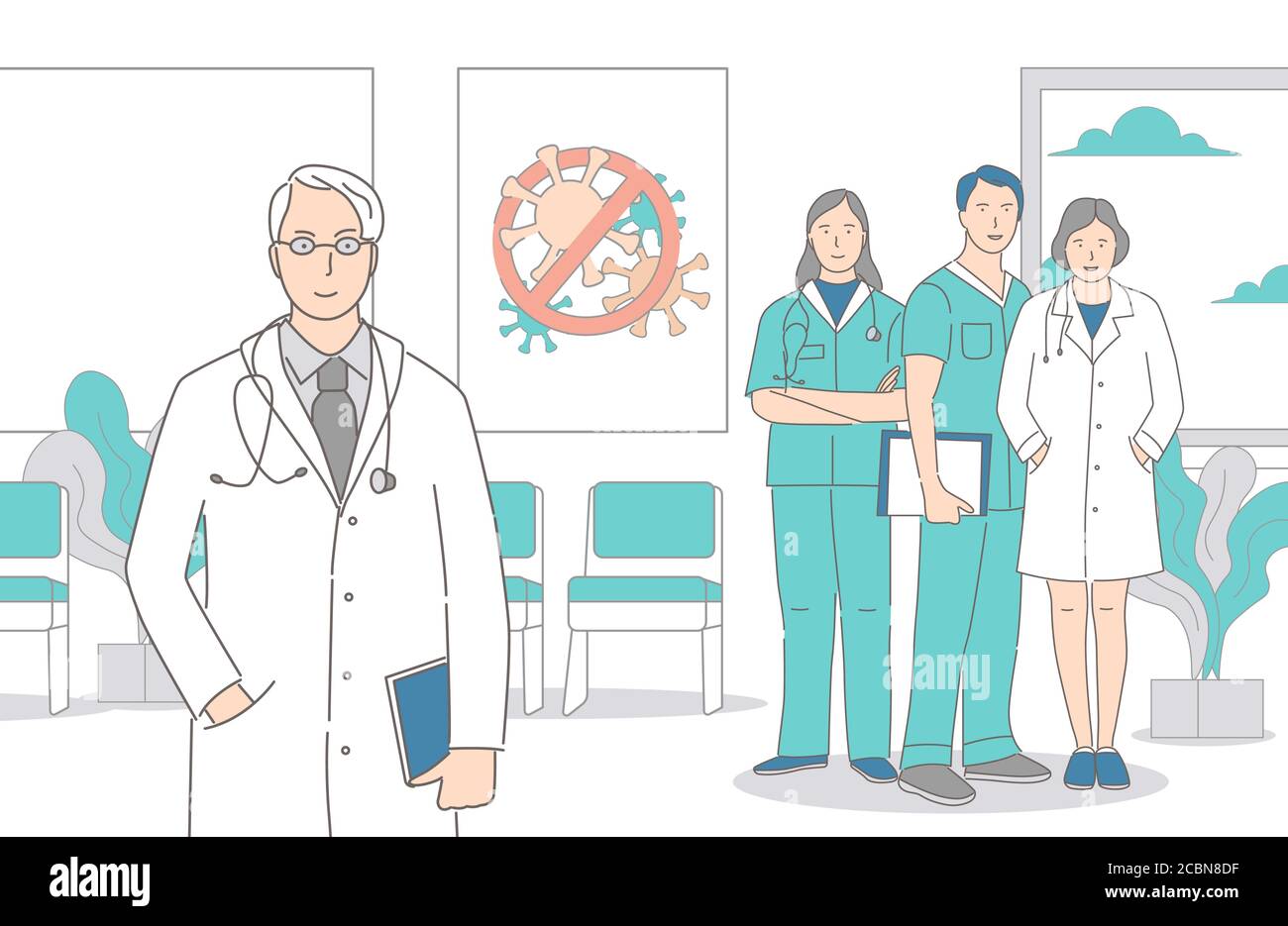 Doctors, nurses, and medical workers standing together in the hospital ...