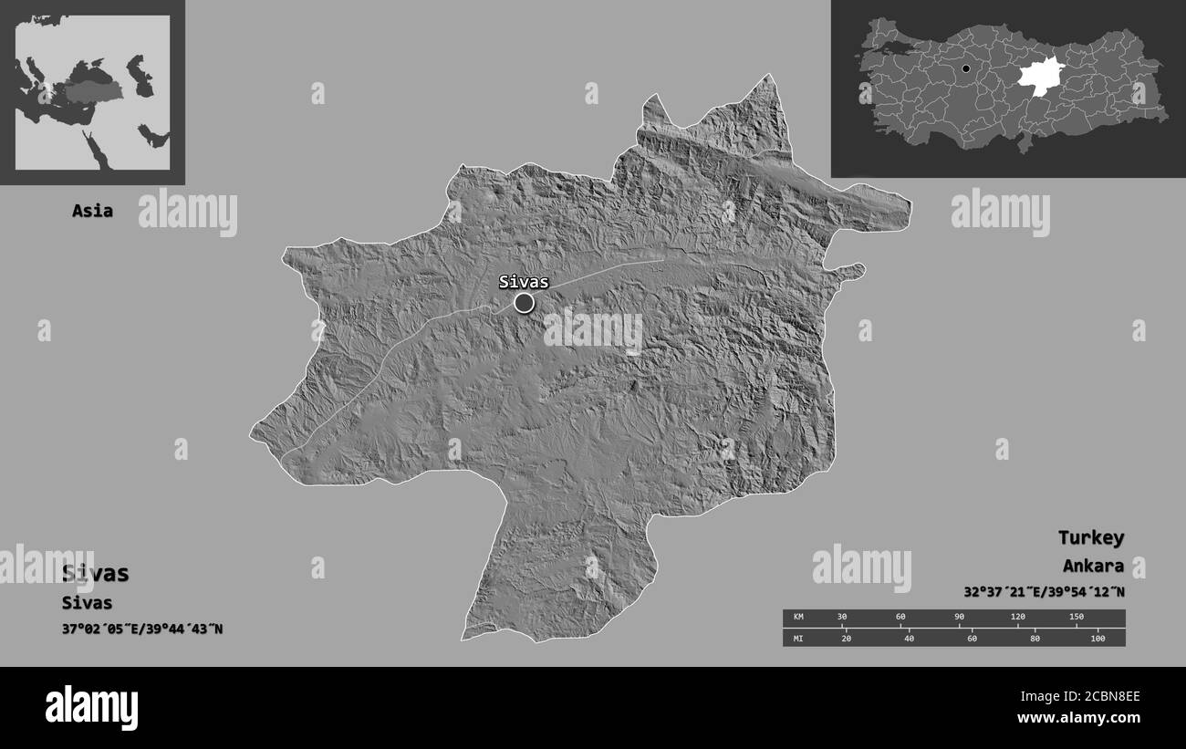 Shape of Sivas, province of Turkey, and its capital. Distance scale ...