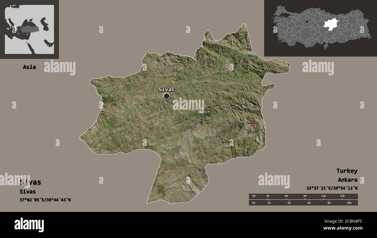 Shape of Sivas, province of Turkey, and its capital. Distance scale ...