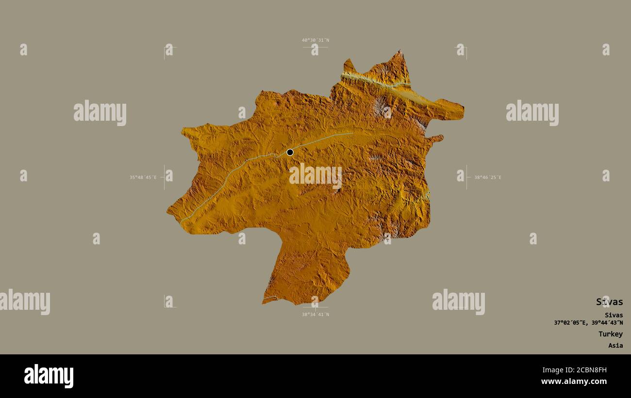 Area of Sivas, province of Turkey, isolated on a solid background in a ...