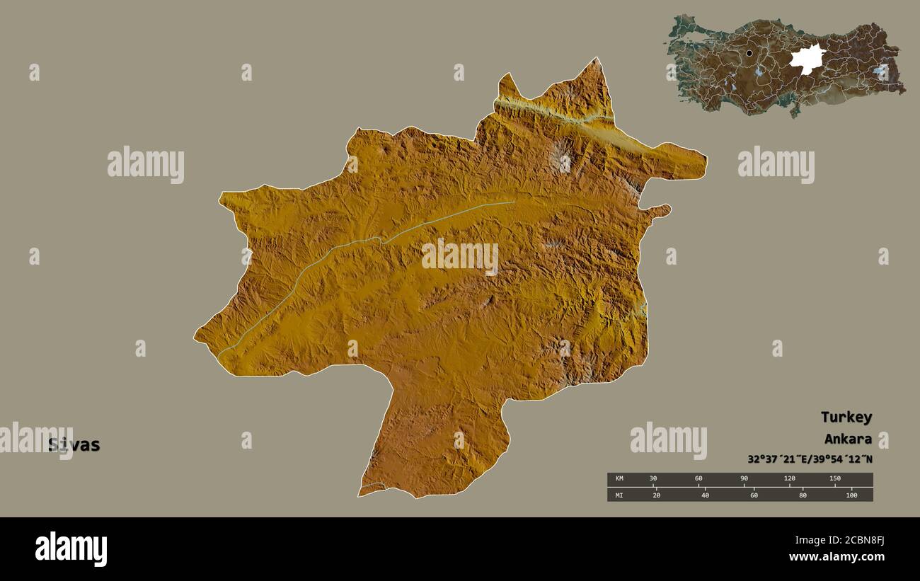 Shape of Sivas, province of Turkey, with its capital isolated on solid ...