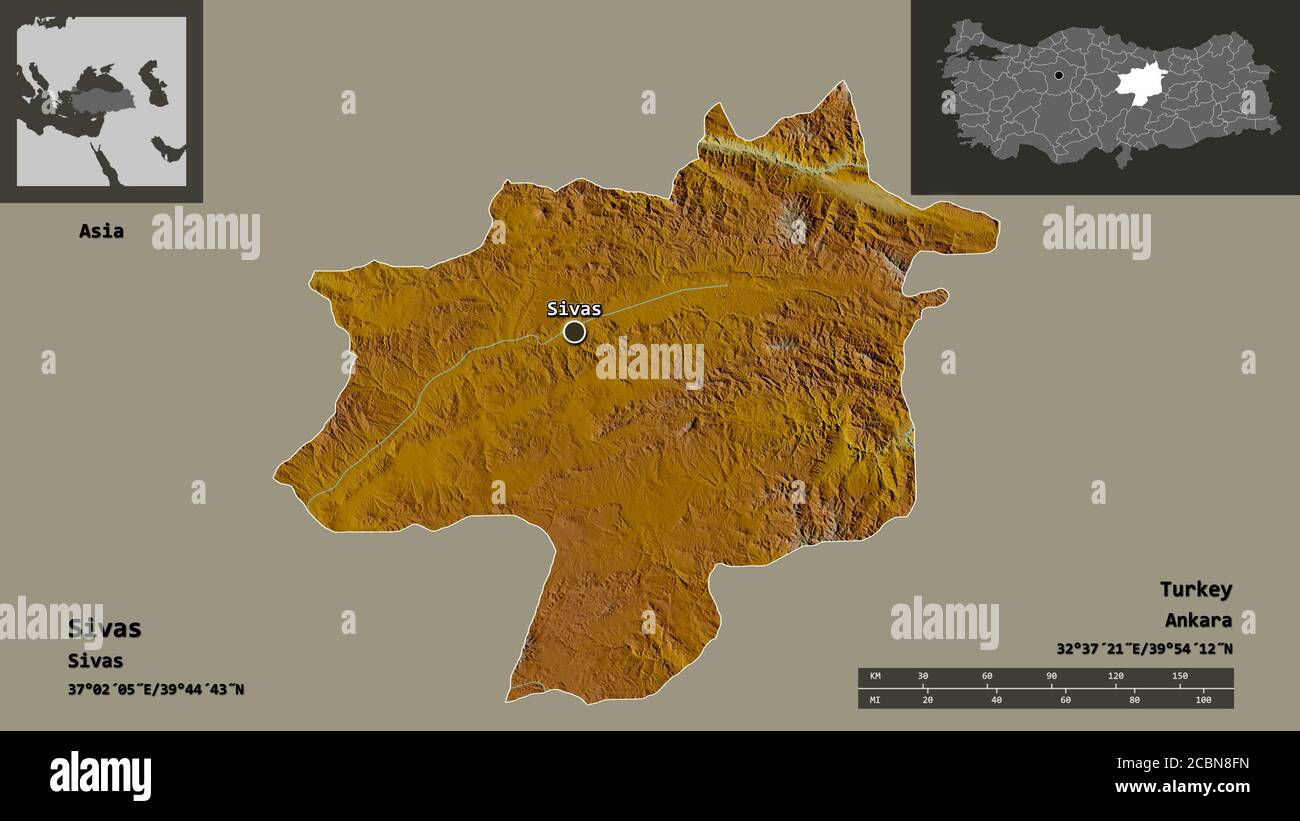 Shape of Sivas, province of Turkey, and its capital. Distance scale ...
