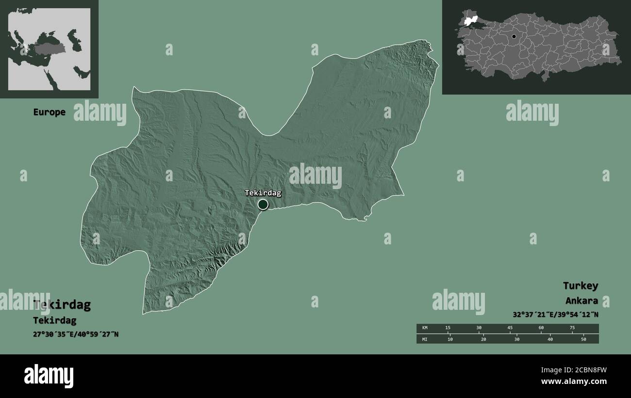 Shape of Tekirdag, province of Turkey, and its capital. Distance scale ...
