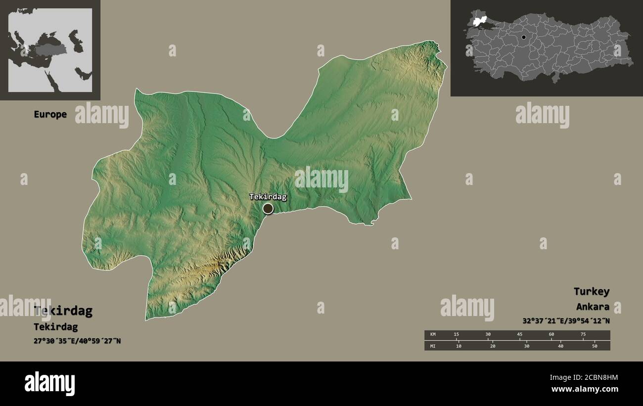 Shape of Tekirdag, province of Turkey, and its capital. Distance scale ...