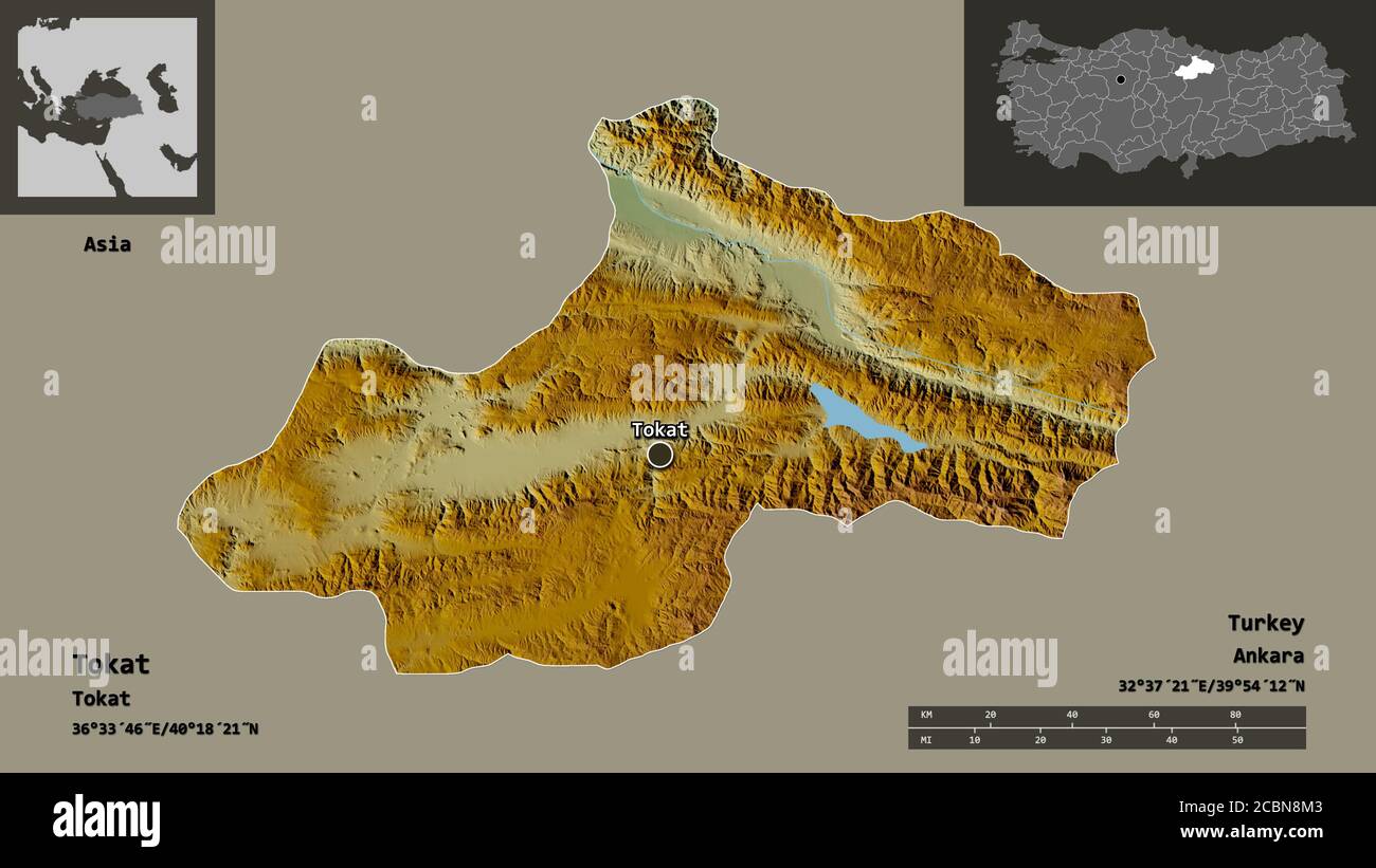 Shape of Tokat, province of Turkey, and its capital. Distance scale ...