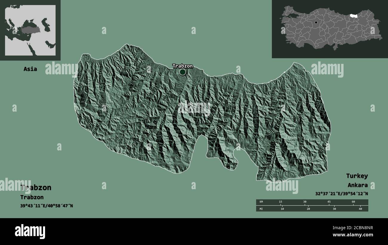 Shape of Trabzon, province of Turkey, and its capital. Distance scale ...