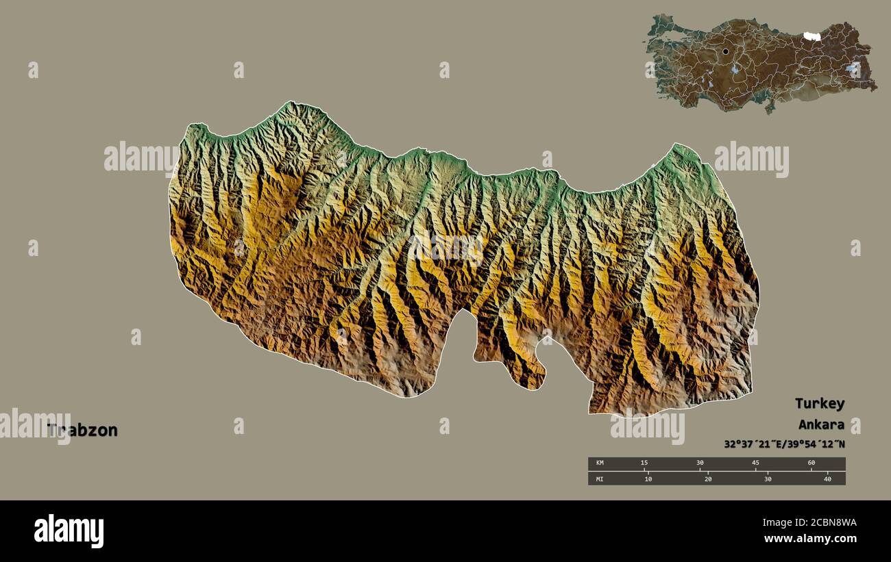 Shape of Trabzon, province of Turkey, with its capital isolated on ...