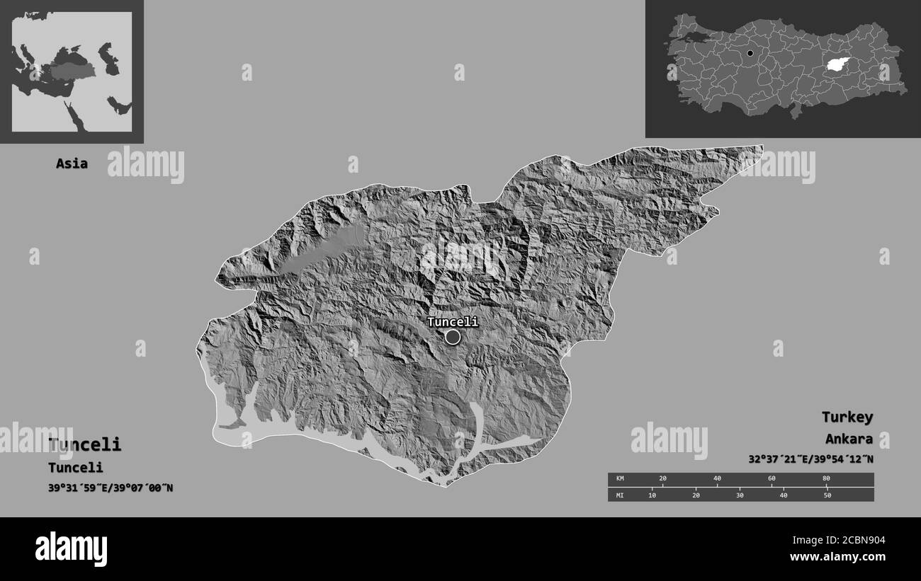 Shape of Tunceli, province of Turkey, and its capital. Distance scale ...