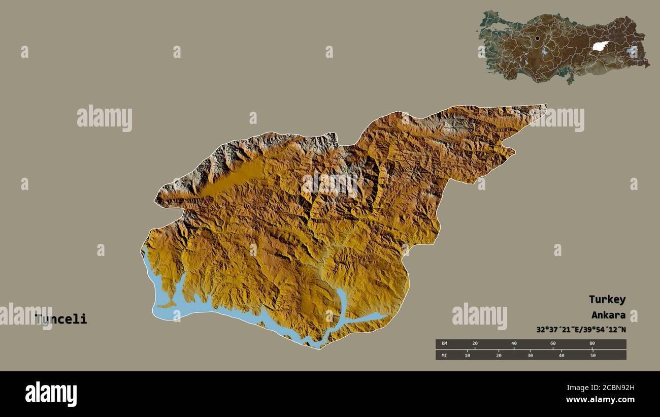 Shape of Tunceli, province of Turkey, with its capital isolated on ...
