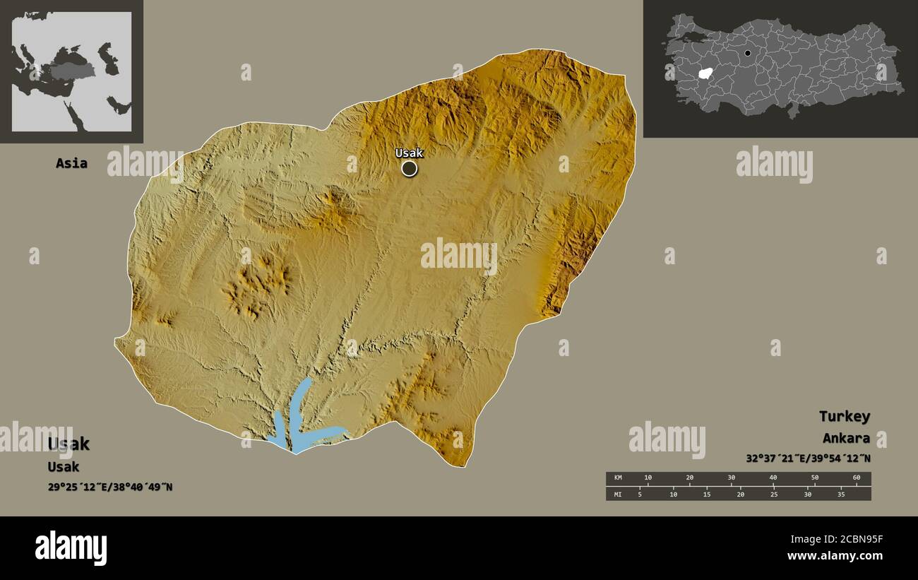 Shape of Usak, province of Turkey, and its capital. Distance scale ...