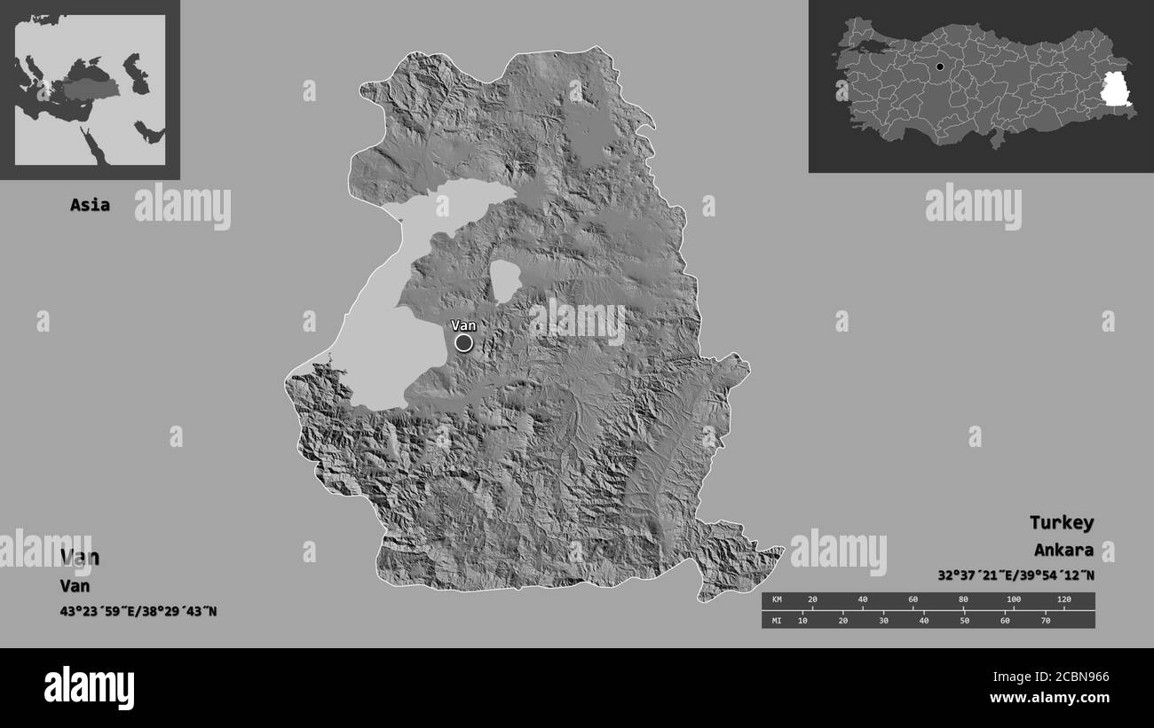 Shape of Van, province of Turkey, and its capital. Distance scale ...