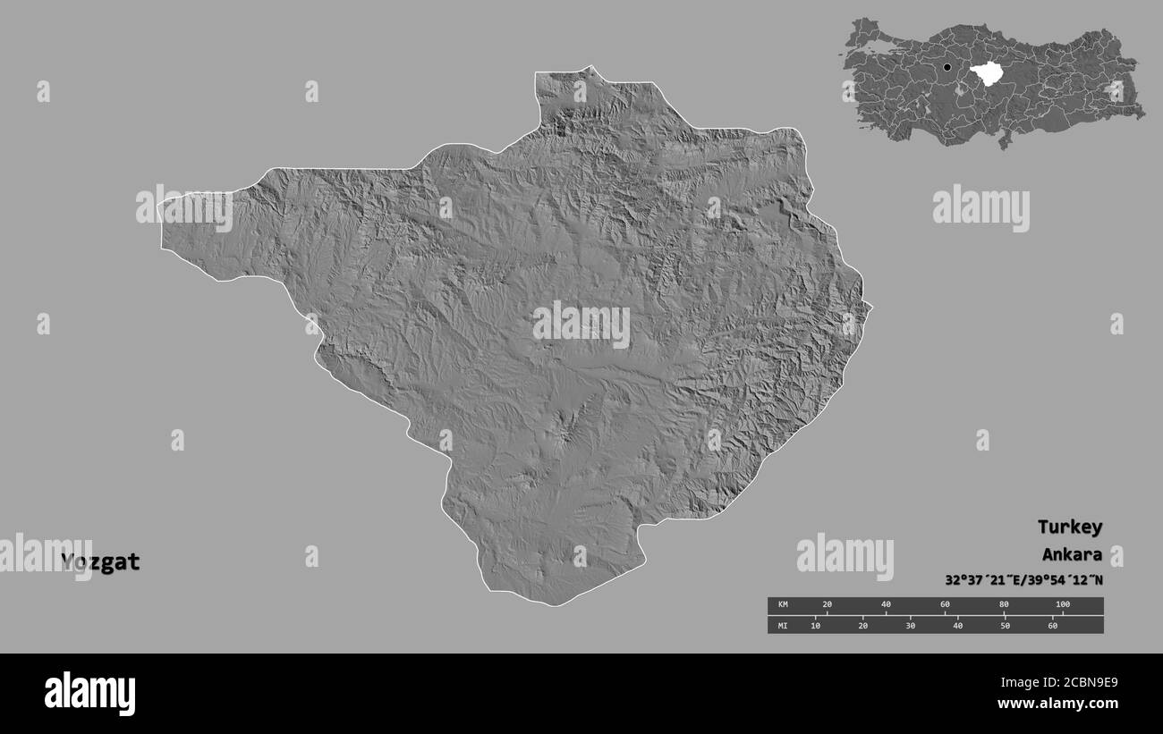 Shape of Yozgat, province of Turkey, with its capital isolated on solid ...