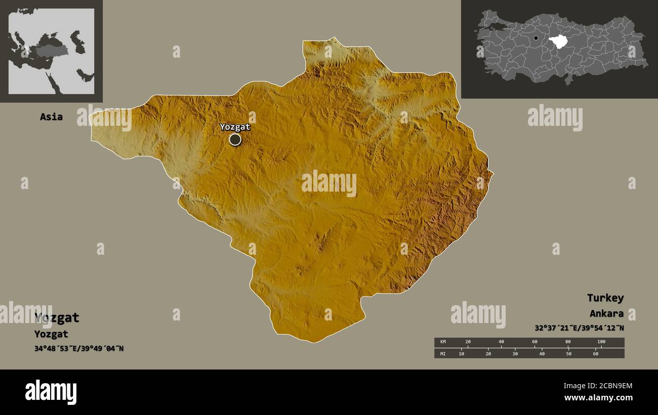 Shape of Yozgat, province of Turkey, and its capital. Distance scale ...