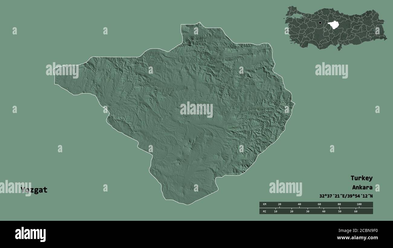 Shape of Yozgat, province of Turkey, with its capital isolated on solid ...