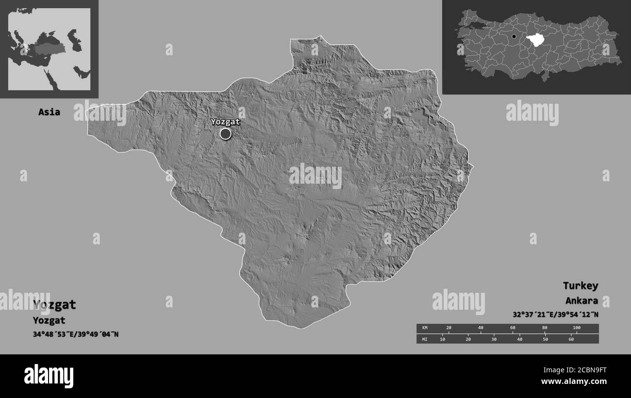 Shape of Yozgat, province of Turkey, and its capital. Distance scale ...