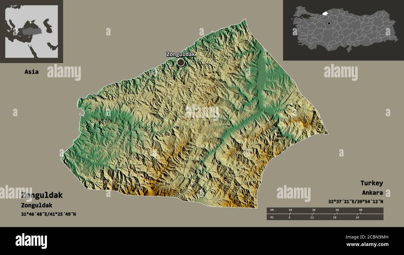 Shape of Zonguldak, province of Turkey, and its capital. Distance scale ...
