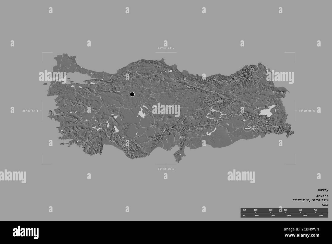 Area of Turkey isolated on a solid background in a georeferenced ...