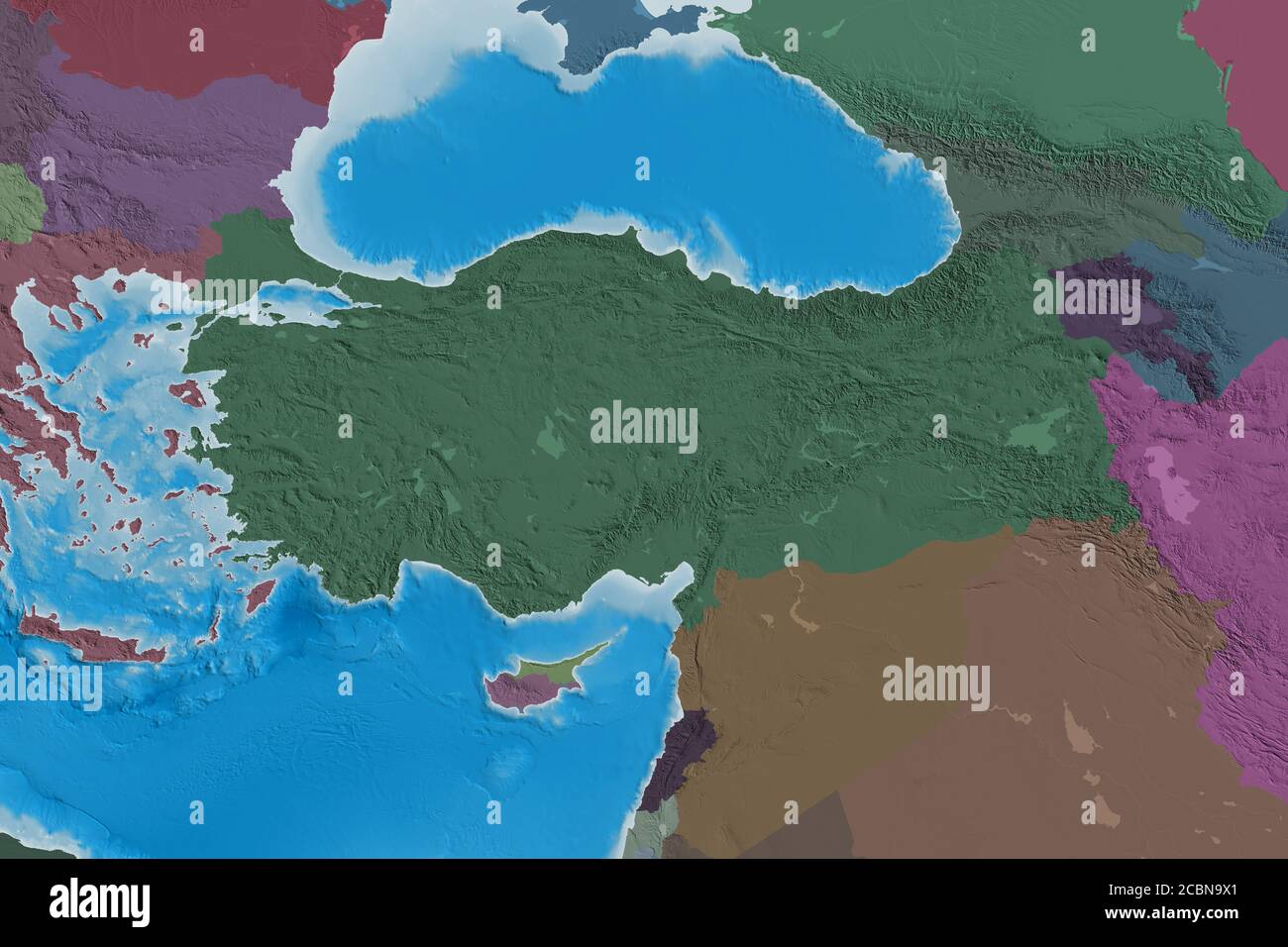 Extended area of Turkey. Colored elevation map. 3D rendering Stock ...