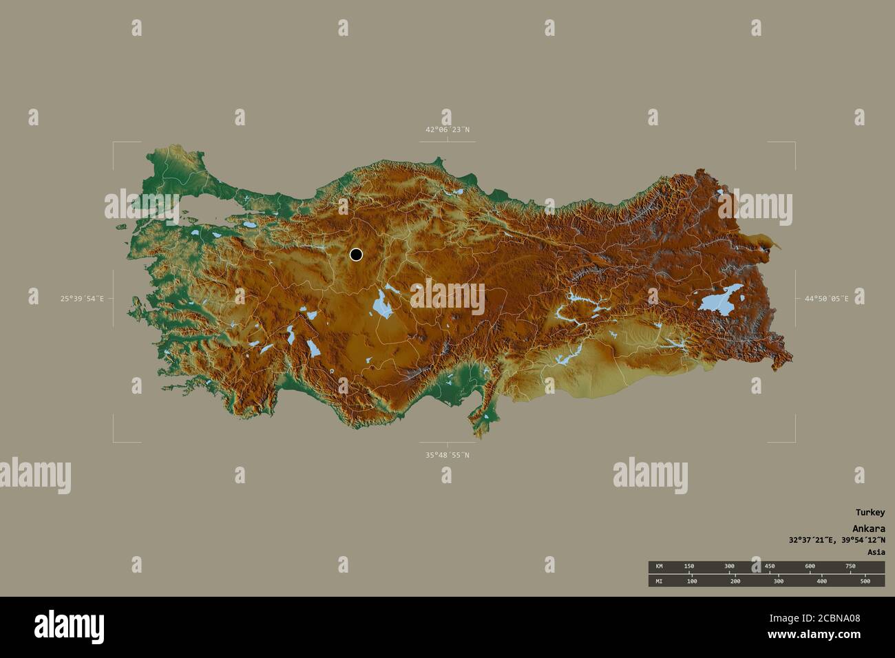Area of Turkey isolated on a solid background in a georeferenced ...