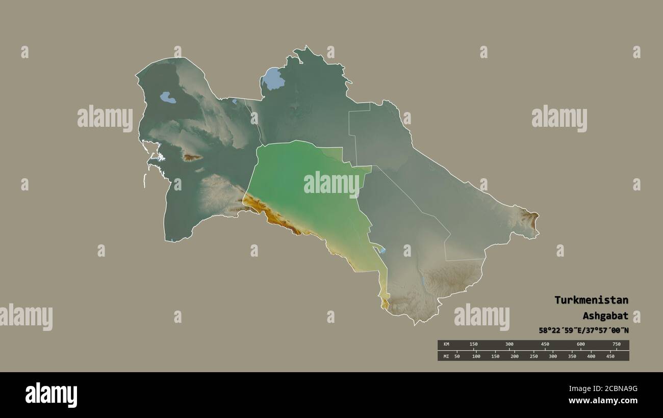 Desaturated shape of Turkmenistan with its capital, main regional ...