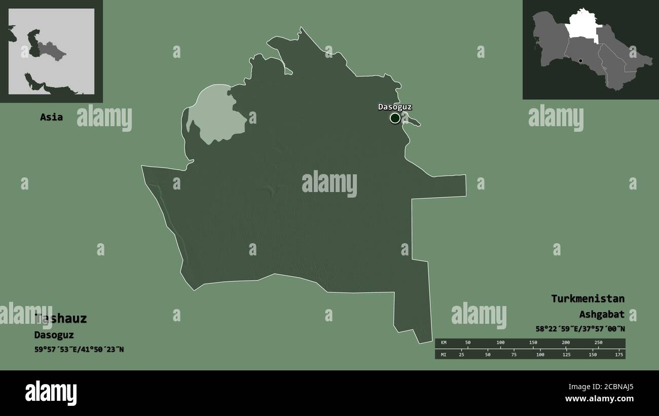 Shape of Tashauz, province of Turkmenistan, and its capital. Distance ...
