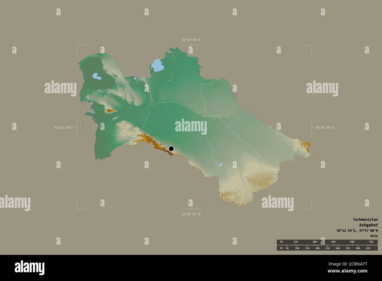 Area of Turkmenistan isolated on a solid background in a georeferenced ...