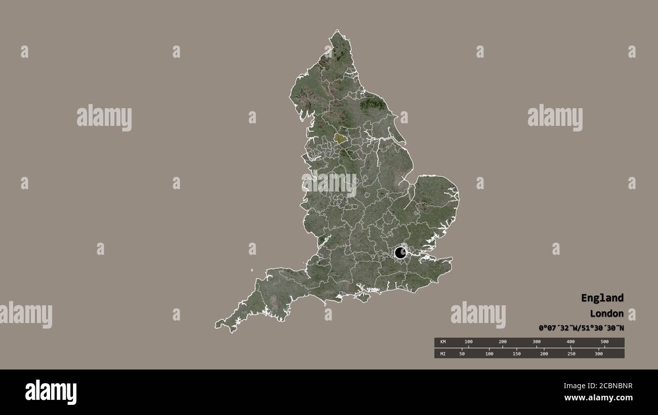 Desaturated shape of England with its capital, main regional division ...