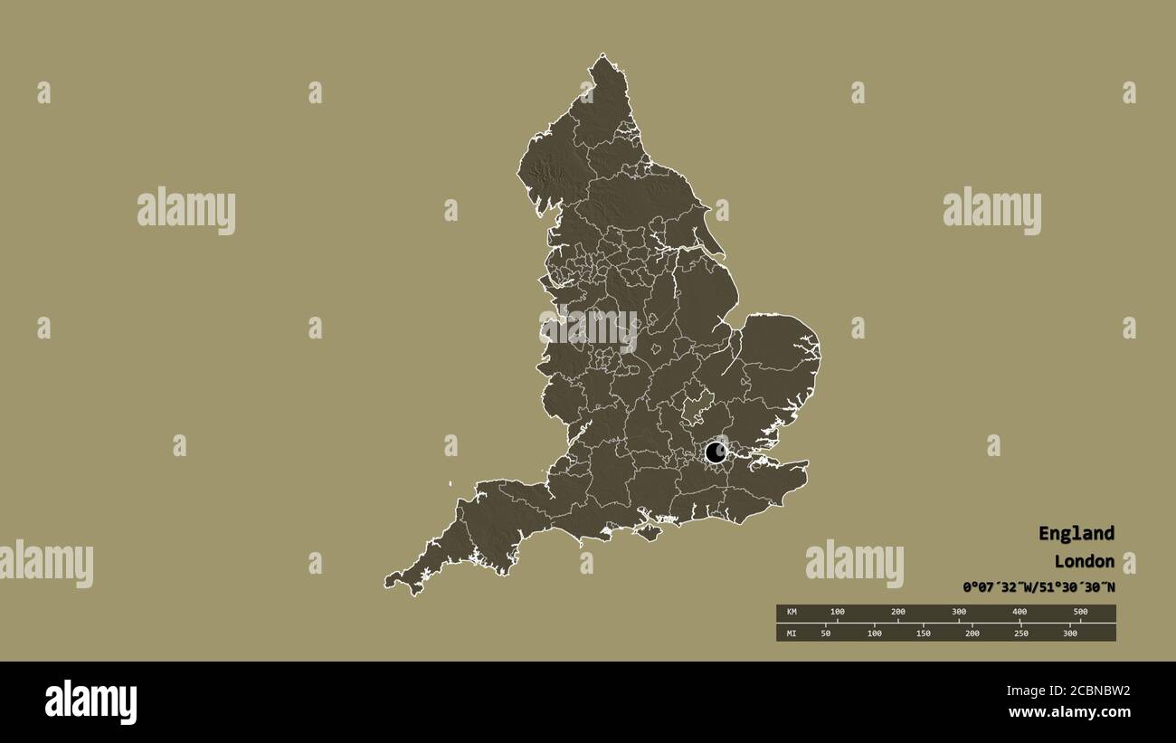 Desaturated shape of England with its capital, main regional division ...