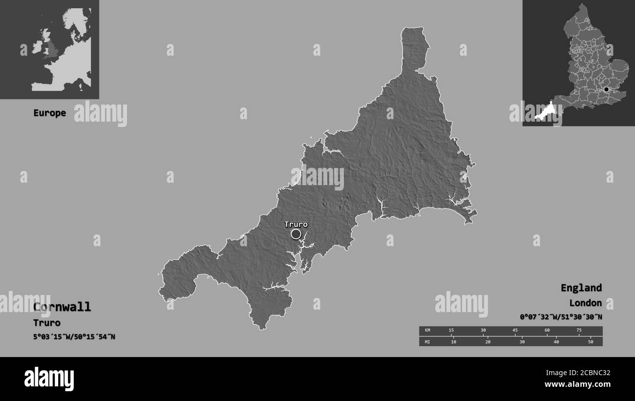 Shape of Cornwall, administrative county of England, and its capital ...