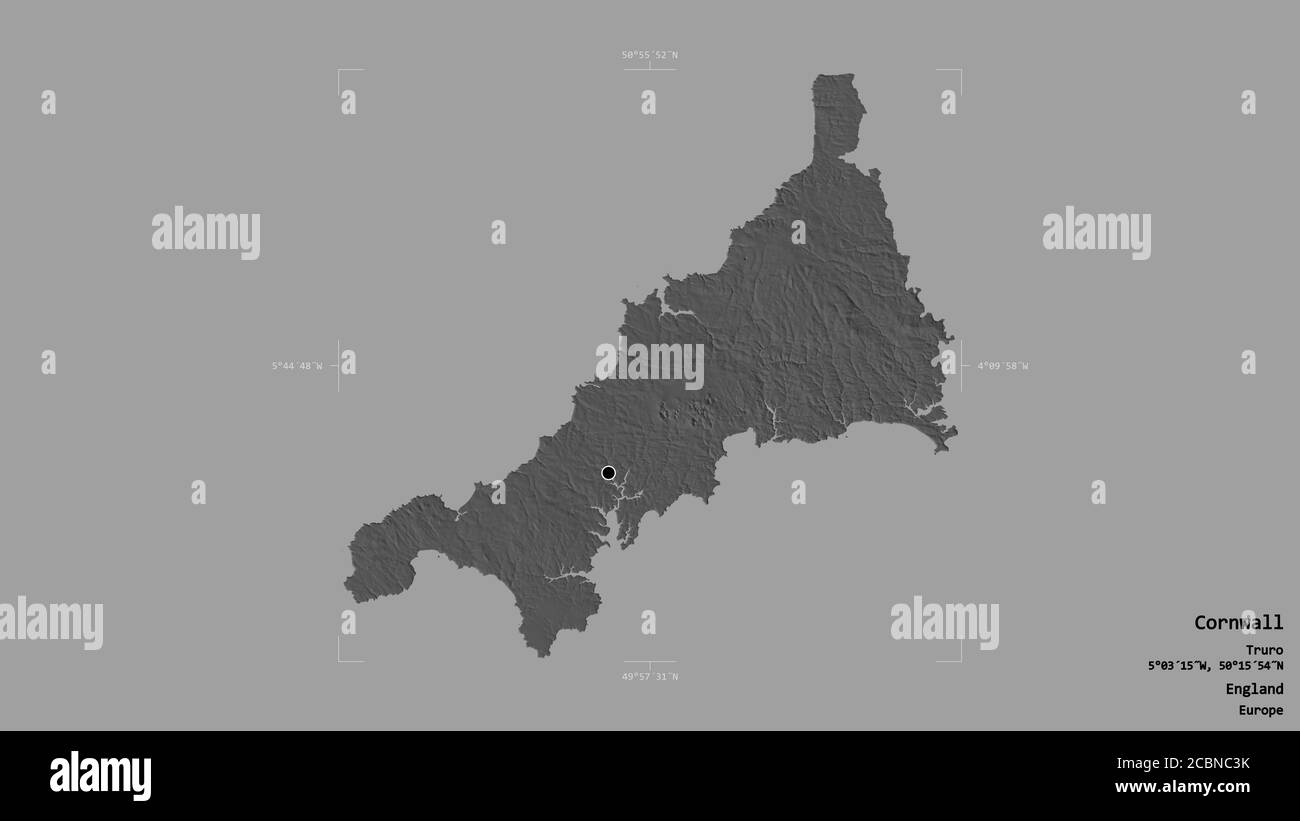 Area of Cornwall, administrative county of England, isolated on a solid ...