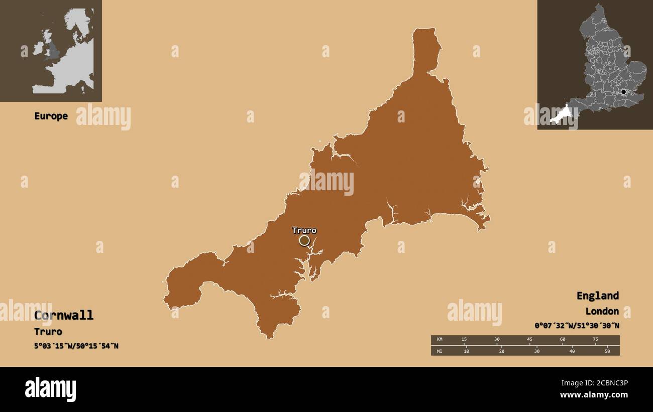 Shape of Cornwall, administrative county of England, and its capital ...