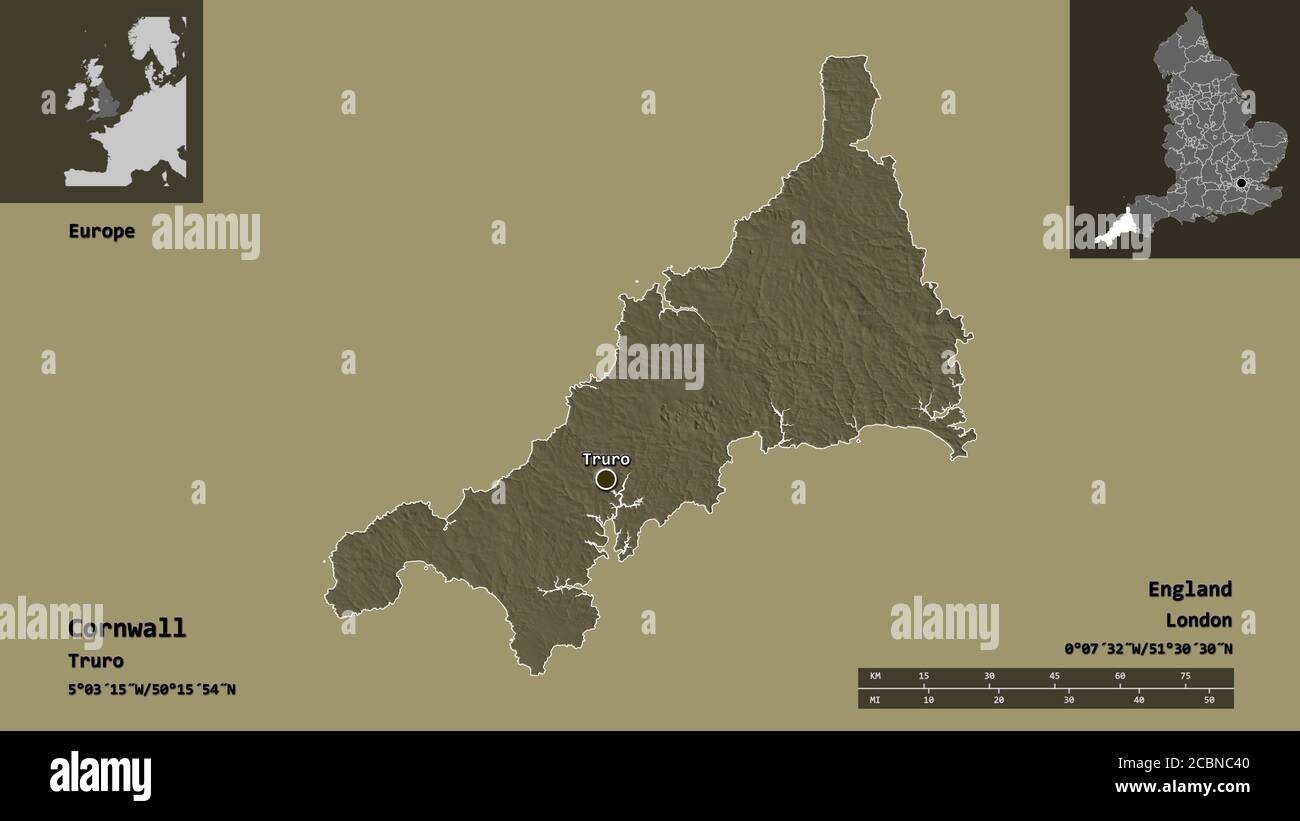 Shape of Cornwall, administrative county of England, and its capital ...