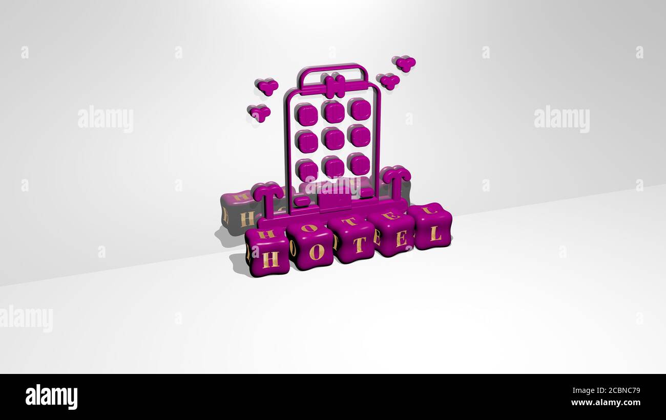 3D representation of hotel with icon on the wall and text arranged by ...