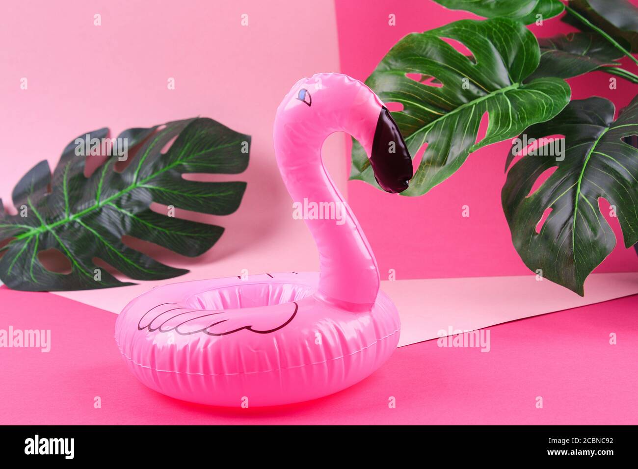 Inflatable pink mini flamingo and tropical leaf monstera on pink ...