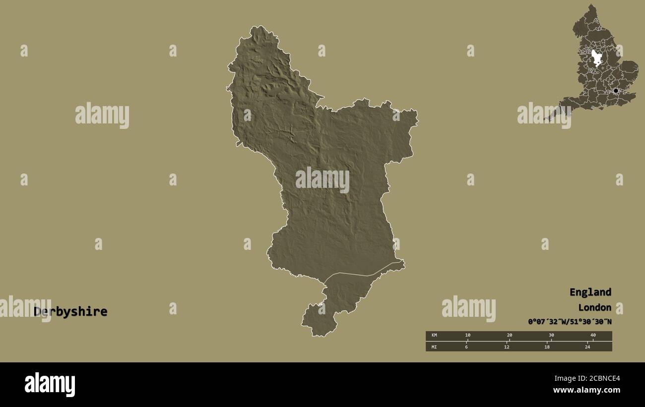 Shape of Derbyshire, administrative county of England, with its capital ...