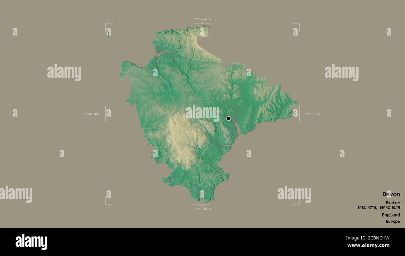Area of Devon, administrative county of England, isolated on a solid ...