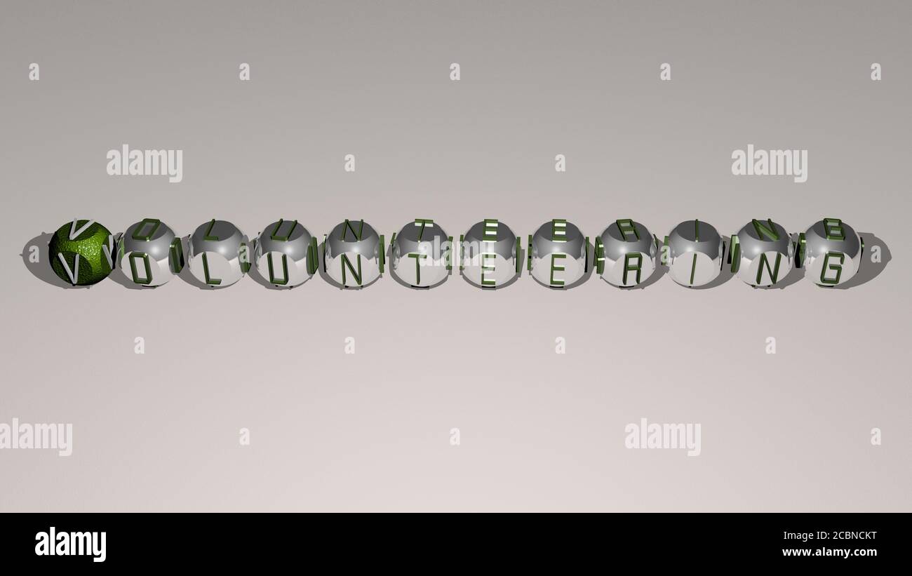 volunteering text by cubic dice letters, 3D illustration for charity ...