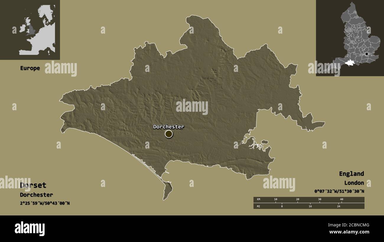 Shape of Dorset, administrative county of England, and its capital ...
