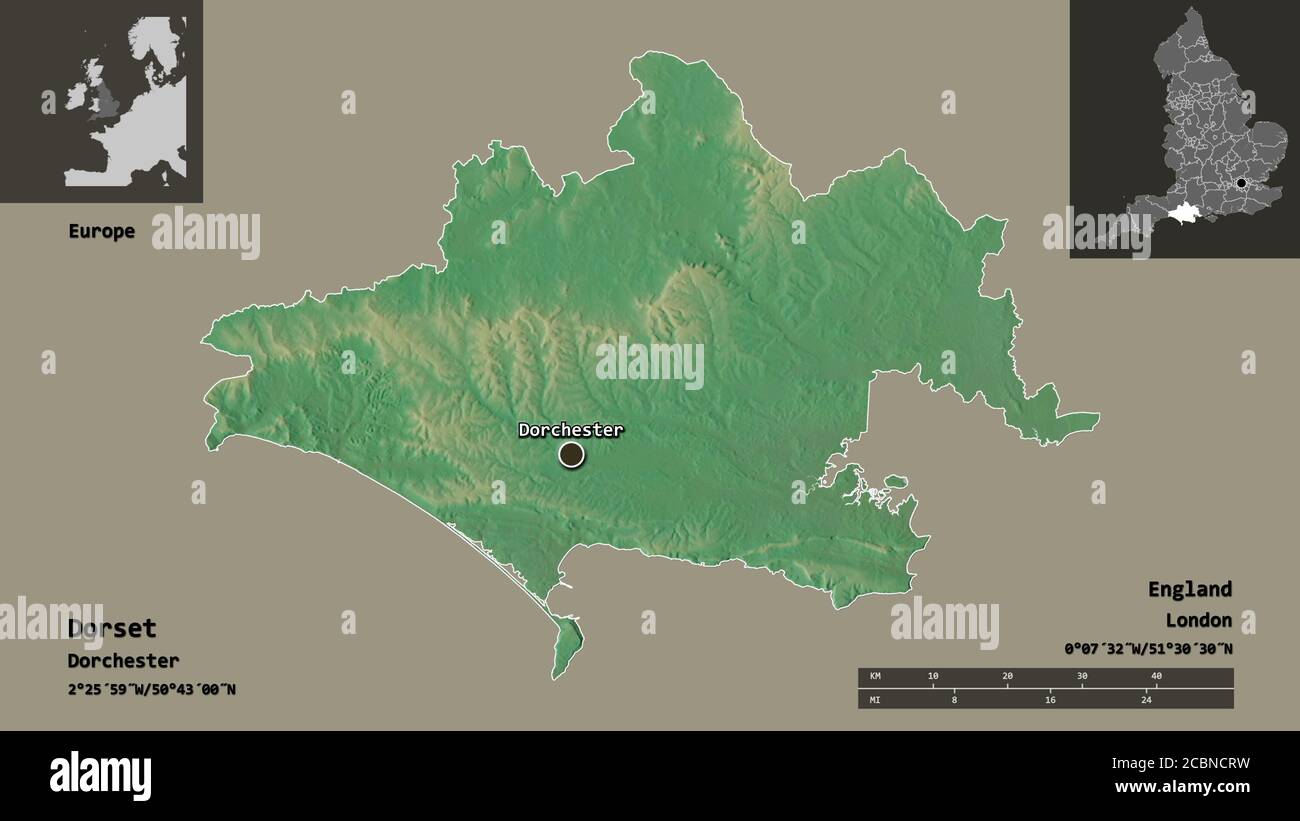 Shape of Dorset, administrative county of England, and its capital ...
