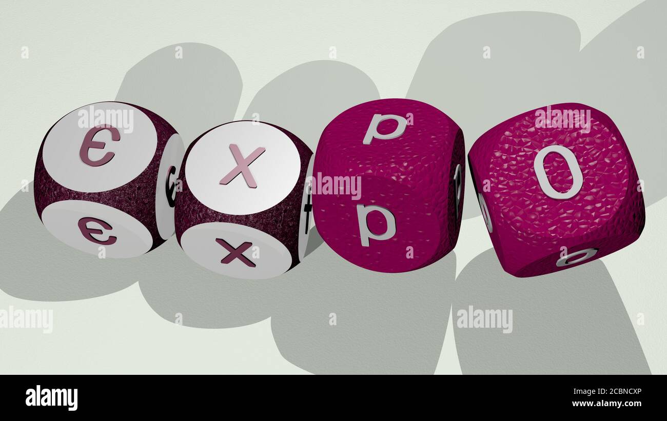 EXPO text by dancing dice letters, 3D illustration for editorial and ...