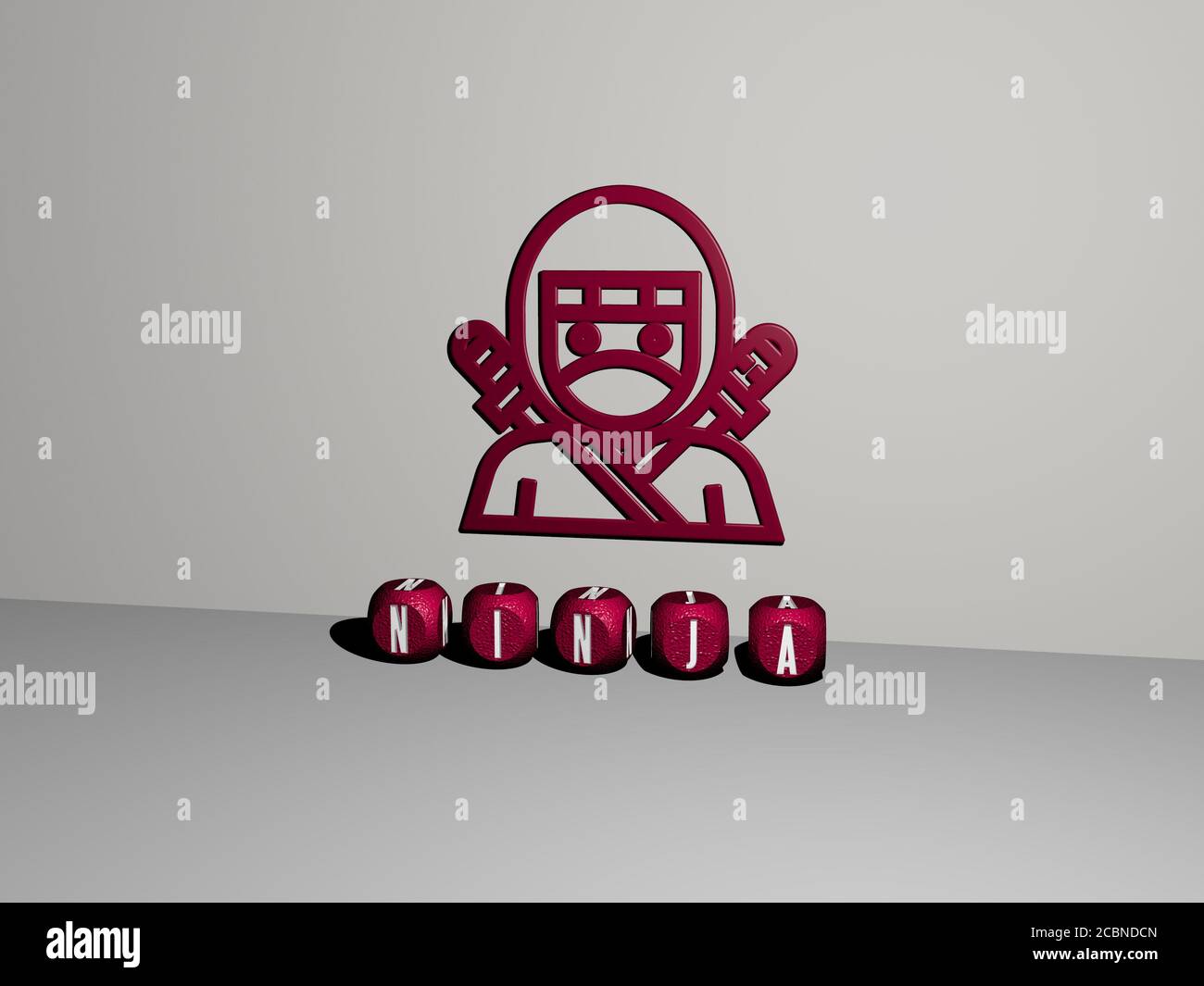 ninja 3D icon on the wall and text of cubic alphabets on the floor, 3D ...