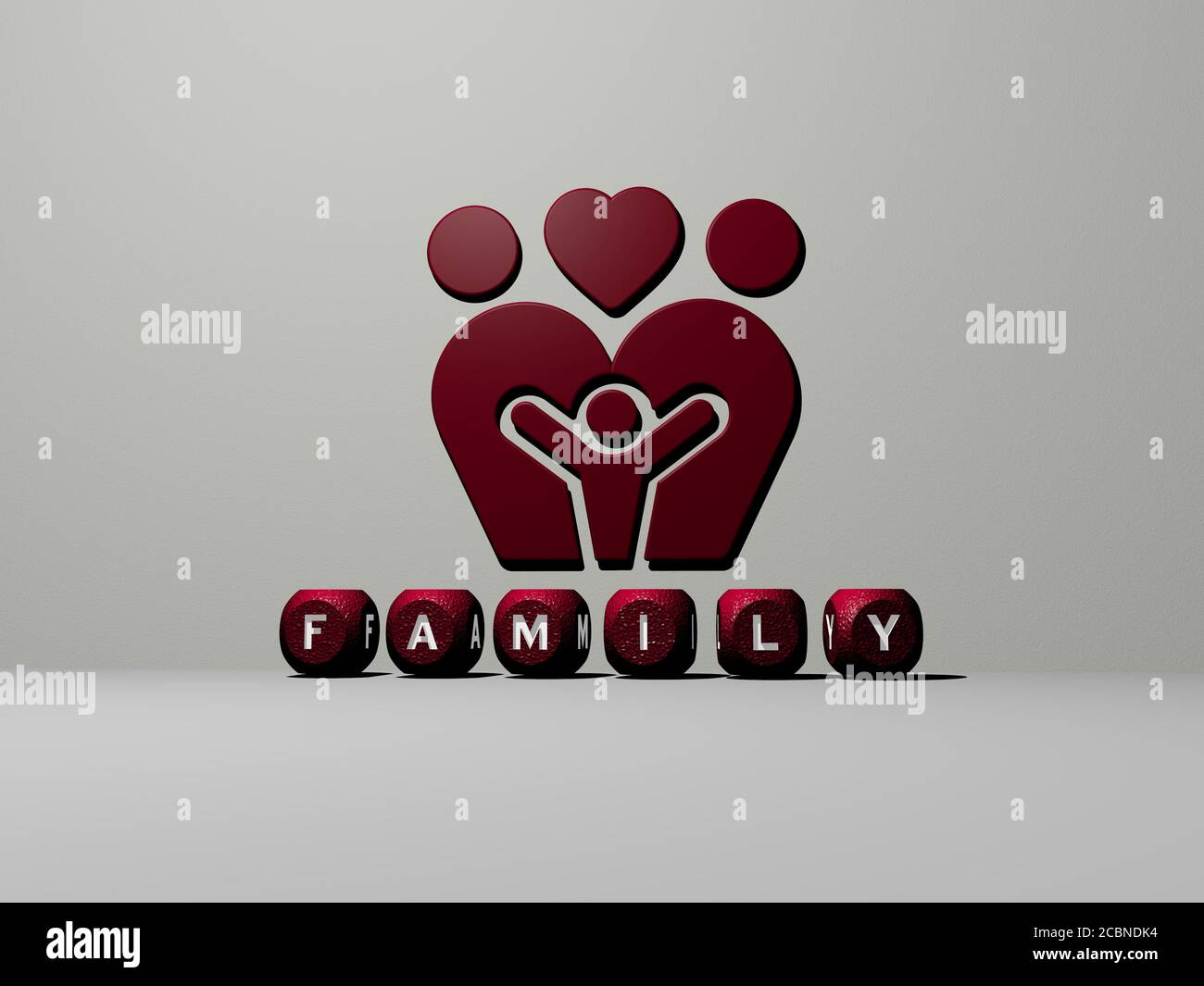 family 3D icon on the wall and text of cubic alphabets on the floor, 3D ...